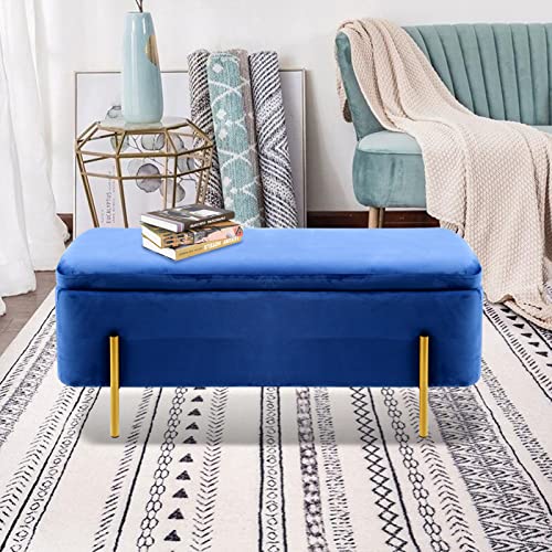 ECOMEX Storage Bench for Bedroom with 3 Footstool,End of Bed Storage Bench,43 Inches Velvet Blue Storage Ottoman Bench with Metal Legs, Large Ottoman Bed Bench for Bedroom, End of Bed,Entryway