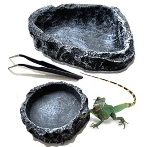 reptile feeding dish water bowls 2 pack food dish water dish reptile dish with breadworm feeding for dragon leopard gecko lizard spider scorpion chameleon ((round + corner) bowl+tongs)