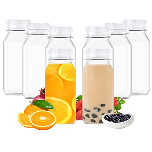 BallHull 8 OZ Plastic Juice Bottles with White lid, Reusable Clear Bulk Beverage Containers for Juice, Milk and Other Homemade Beverages, 8 Pcs.