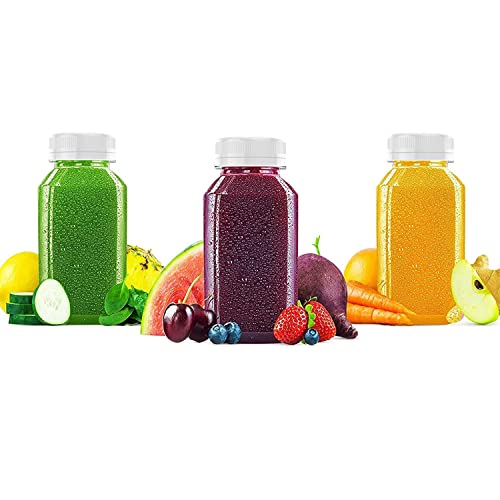 BallHull 8 OZ Plastic Juice Bottles with White lid, Reusable Clear Bulk Beverage Containers for Juice, Milk and Other Homemade Beverages, 8 Pcs.