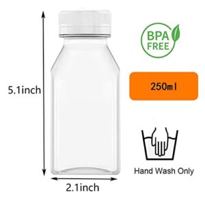 BallHull 8 OZ Plastic Juice Bottles with White lid, Reusable Clear Bulk Beverage Containers for Juice, Milk and Other Homemade Beverages, 8 Pcs.