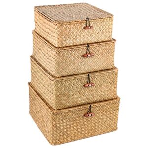 ruosuruosu cube stackable storage bins lids,wicker woven storage baskets shelves,set 4 seagrass storage boxes,rattan storage containers organizing,clothes,toys,books cluttered small items honey brown