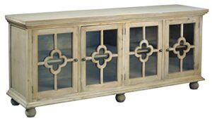 sunset trading cottage clover glass door credenza solid wood display cabinet | fully assembled sideboard buffet server, 87" wide, distressed driftwood brown