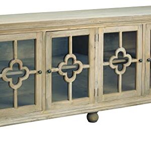 Sunset Trading Cottage Clover Glass Door Credenza Solid Wood Display Cabinet | Fully Assembled Sideboard Buffet Server, 87" Wide, Distressed Driftwood Brown