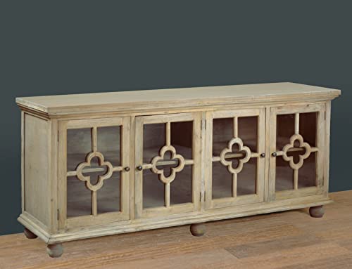 Sunset Trading Cottage Clover Glass Door Credenza Solid Wood Display Cabinet | Fully Assembled Sideboard Buffet Server, 87" Wide, Distressed Driftwood Brown