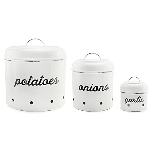 AuldHome Potatoes, Onions and Garlic Canister Set; Rustic White Enamelware Vegetable Storage Containers