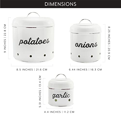 AuldHome Potatoes, Onions and Garlic Canister Set; Rustic White Enamelware Vegetable Storage Containers