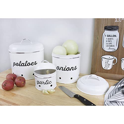 AuldHome Potatoes, Onions and Garlic Canister Set; Rustic White Enamelware Vegetable Storage Containers