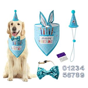 dog birthday hat bandana - dog birthday party supplies birthday dog hat with numbers dog bandana and blingbling dog bow set for small medium dogs pets (blue)