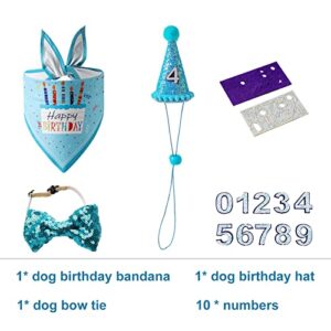 Dog Birthday Hat Bandana - Dog Birthday Party Supplies Birthday Dog Hat with Numbers Dog Bandana and Blingbling Dog Bow Set for Small Medium Dogs Pets (Blue)