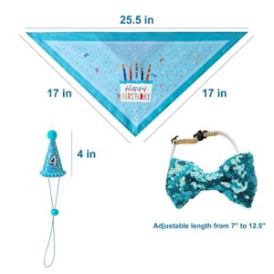 Dog Birthday Hat Bandana - Dog Birthday Party Supplies Birthday Dog Hat with Numbers Dog Bandana and Blingbling Dog Bow Set for Small Medium Dogs Pets (Blue)