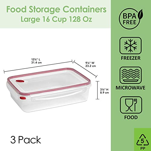 Plastic Food Storage Containers With Lids - Large 16 Cup (128 Oz) Airtight Container Box For Food Storage, Freezer, Microwave And Dishwasher Safe, Steam Vent Lids, BPA-Free - Made In USA - 3 Pack