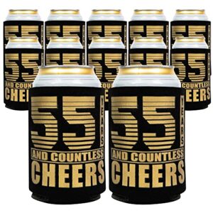 55th birthday decorations - 55 years & countless cheers can coolers - 12 pack, drink thermocooler, fun birthday gift for women & men, insulated, fade-resistant - gold coastal (55 years)