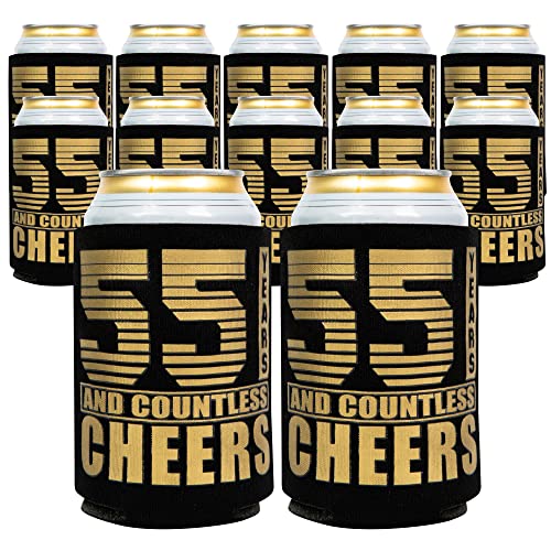 55th Birthday Decorations - 55 Years & Countless Cheers Can Coolers - 12 Pack, Drink Thermocooler, Fun Birthday Gift for Women & Men, Insulated, Fade-Resistant - Gold Coastal (55 Years)