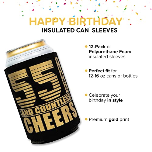 55th Birthday Decorations - 55 Years & Countless Cheers Can Coolers - 12 Pack, Drink Thermocooler, Fun Birthday Gift for Women & Men, Insulated, Fade-Resistant - Gold Coastal (55 Years)