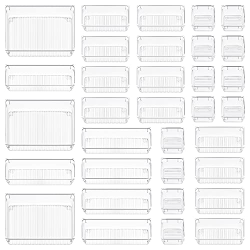 CHEFSTORY 33 PCS Clear Drawer Organizers Set, 4 Sizes Plastic Vanity Desk Drawer Organizers Trays and Storage Bins with Non-slip Silicone Pads for Makeup,Bathroom and Kitchen