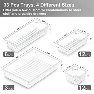 CHEFSTORY 33 PCS Clear Drawer Organizers Set, 4 Sizes Plastic Vanity Desk Drawer Organizers Trays and Storage Bins with Non-slip Silicone Pads for Makeup,Bathroom and Kitchen