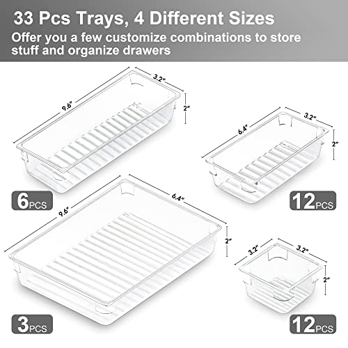 CHEFSTORY 33 PCS Clear Drawer Organizers Set, 4 Sizes Plastic Vanity Desk Drawer Organizers Trays and Storage Bins with Non-slip Silicone Pads for Makeup,Bathroom and Kitchen