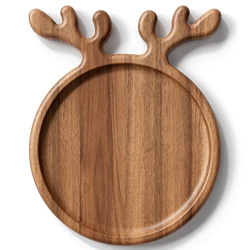 Dofira Acacia Wood Serving Platter, Decorative Deer Antler Design, 8" Round Wooden Food Dish Display Plate, Charcuterie Board Tray for Cheese Fruit, Kitchen Gift for Housewarming Wedding (Gift Box)