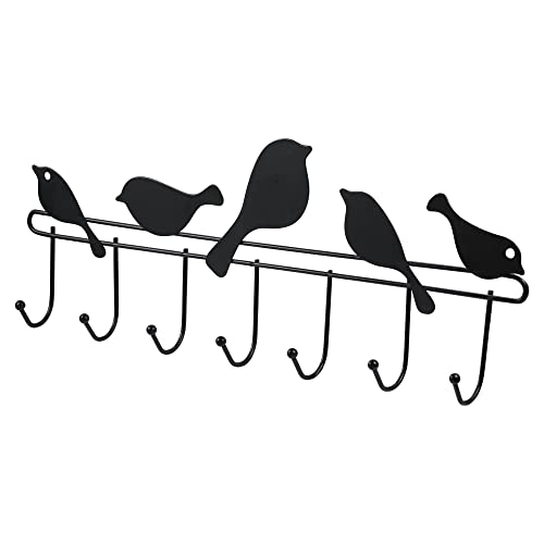 Coat Rack Wall Mount Birds Hook, Entryway Key Holder Black Wall Metal Hooks for Hanging Coats Towels Hat Clothes Keys Pet Leash Bag Umbrella Heavy 5 Bird Decorative Modern 7 Hooks