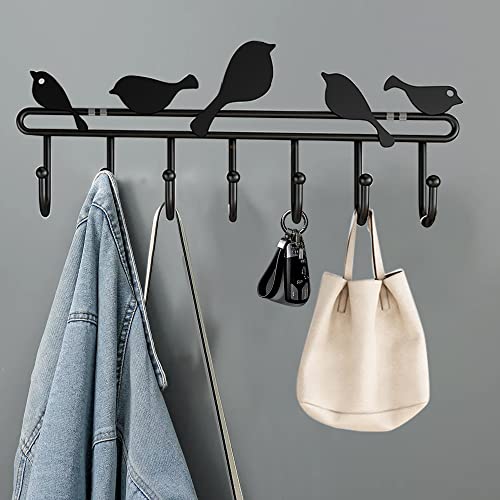 Coat Rack Wall Mount Birds Hook, Entryway Key Holder Black Wall Metal Hooks for Hanging Coats Towels Hat Clothes Keys Pet Leash Bag Umbrella Heavy 5 Bird Decorative Modern 7 Hooks