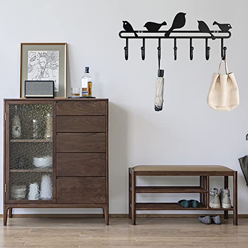 Coat Rack Wall Mount Birds Hook, Entryway Key Holder Black Wall Metal Hooks for Hanging Coats Towels Hat Clothes Keys Pet Leash Bag Umbrella Heavy 5 Bird Decorative Modern 7 Hooks