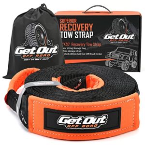 get out off road - tow strap off road recovery 3'' x30' 30,000lb break strength - 4x4 towing - reinforced loops - emergency- 100% american owned company. orange