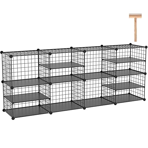 C&AHOME Wire Cube Storage Unit, Interlocking Metal Wire Organizer with Divider Design, Modular Cabinet with Plastic Panels, Bookshelf Stackable Closet Organizer with Small Hooks, Black UWCSIM08B