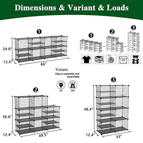 C&AHOME Wire Cube Storage Unit, Interlocking Metal Wire Organizer with Divider Design, Modular Cabinet with Plastic Panels, Bookshelf Stackable Closet Organizer with Small Hooks, Black UWCSIM08B