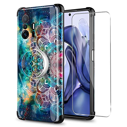 YOOBSTAR Phone Case for Xiaomi Mi 11T Case,Mi 11T Pro Case W/(2PC HD Screen Protector)[Expanding Grip Stand] Slim Cute Design Pattern Shockproof Protective Cover for Women Man Galaxy Mandala Green