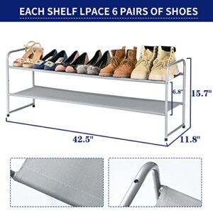 SUFAUY 2-Tier Shoe Rack, Stackable Fabric Shoe Shelf Storage Organizer for Entryway Closet, Extra Large Capacity, Silver