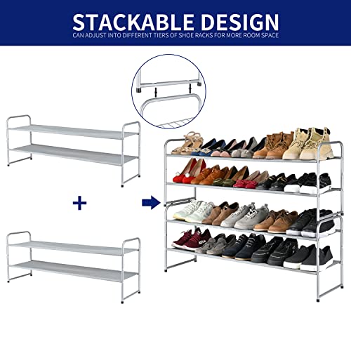 SUFAUY 2-Tier Shoe Rack, Stackable Fabric Shoe Shelf Storage Organizer for Entryway Closet, Extra Large Capacity, Silver