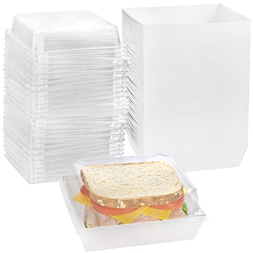 Hiceeden Set of 100 Sandwich Boxes with Clear Lids, White Paper Charcuterie Boxes, 5" Square Dessert Cake Boxes Food Grade for Swiss Roll, Hamburger, Pasta, Salad, Cookie