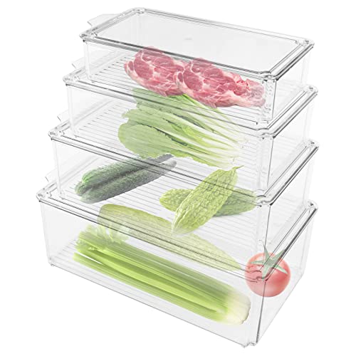 Modern-Depo Pack of 4 Refrigerator Organizer Bins with Lids Clear Food Storage Containers Stackable Kitchen Organization Box for Freezer