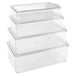 Modern-Depo Pack of 4 Refrigerator Organizer Bins with Lids Clear Food Storage Containers Stackable Kitchen Organization Box for Freezer