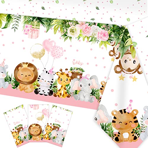 Safari Baby Shower Decorations for Girl Pink Jungle Tablecloth 3 Pieces Plastic Disposable Zoo Birthday Table Cover for Animal Theme Baby Shower Birthday Party Supplies(70×43 Inch)