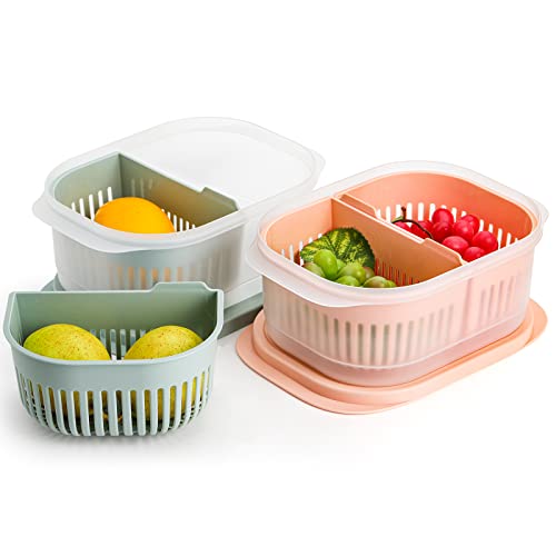 Hiceeden Set of 3 Produce Saver Containers for Fridge, Plastic Fruit Vegetable Storage Containers with Airtight Lid & Divided Colanders, Stackable Fridge Organizer Bins for Lettuce, Berry, Avocado