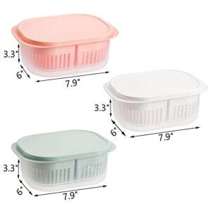 Hiceeden Set of 3 Produce Saver Containers for Fridge, Plastic Fruit Vegetable Storage Containers with Airtight Lid & Divided Colanders, Stackable Fridge Organizer Bins for Lettuce, Berry, Avocado