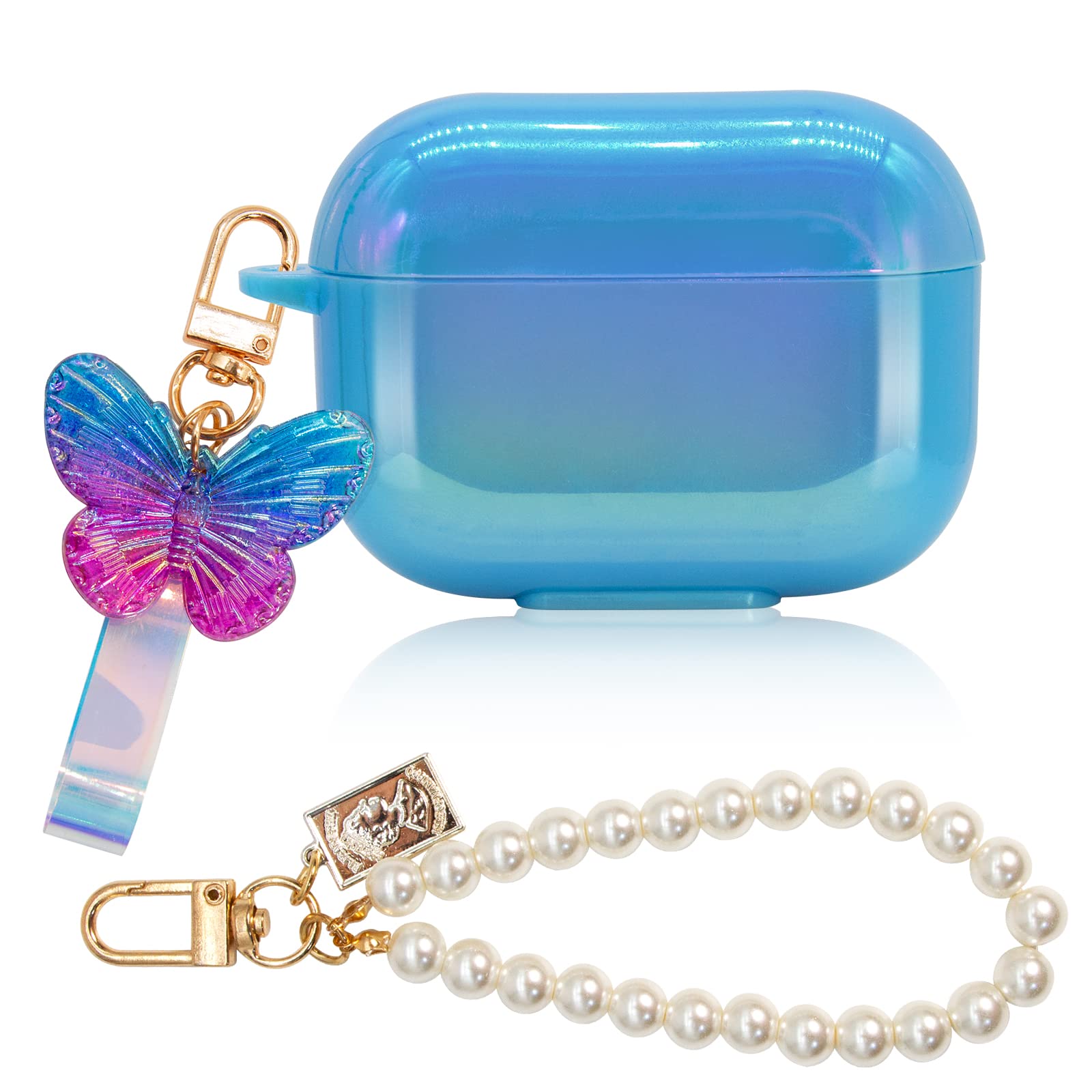 NITITOP AirPods Case Cover with Cute Butterfly Keychain and Pearl Chain, Colorful Luxury Plating Laser Airpod Case for Women Girls Soft TPU Shockproof Protective Cover for Airpods Pro- Blue