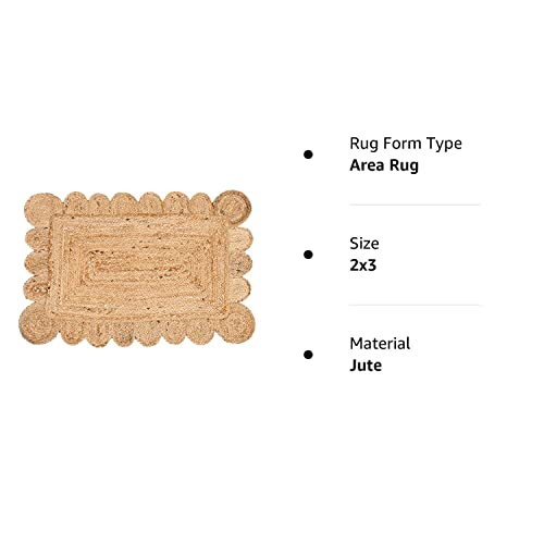 KLAVATE Scalloped Natural Jute Natural Color Reversible Braided Woven Rigo Area Rug, 2x3