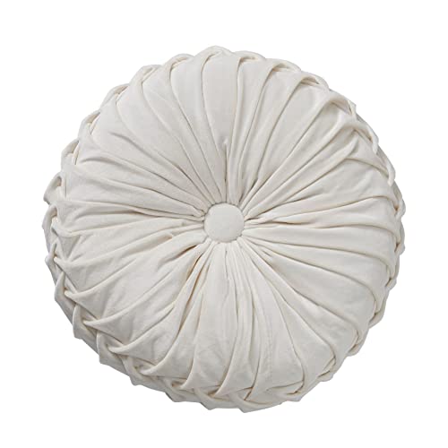 Round Throw Pillow Round Velvet Pillow Pleated Round Filled Pillow Home Decorative Throw Pillow Cushion for Couch Chair Bed Car Floor (White, 14inch)