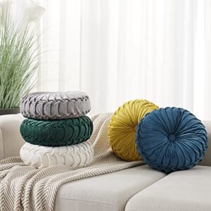 Round Throw Pillow Round Velvet Pillow Pleated Round Filled Pillow Home Decorative Throw Pillow Cushion for Couch Chair Bed Car Floor (White, 14inch)