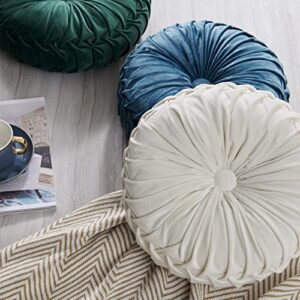 Round Throw Pillow Round Velvet Pillow Pleated Round Filled Pillow Home Decorative Throw Pillow Cushion for Couch Chair Bed Car Floor (White, 14inch)