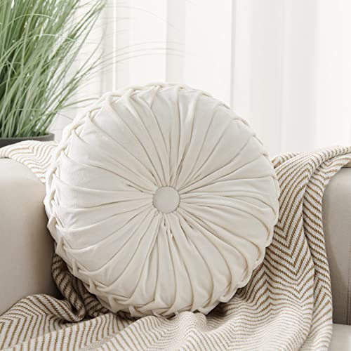 Round Throw Pillow Round Velvet Pillow Pleated Round Filled Pillow Home Decorative Throw Pillow Cushion for Couch Chair Bed Car Floor (White, 14inch)