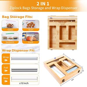 Ziplock Bag Storage Organizer for Kitchen Drawer, Bamboo Baggie Organizer,Wrap Dispenser with Slide Cutter & Labels, Compatible with Ziploc, Hefty for Gallon, Quart, Sandwich & Snack Variety Size Bags