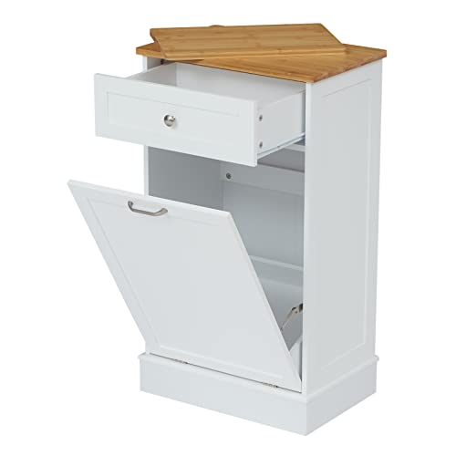 Kinfant Kitchen Recycling Trash Cabinet - Tilt-Out Trash Bin Can, Free Standing Holder with Drawer and Removable Bamboo Cutting Board, White