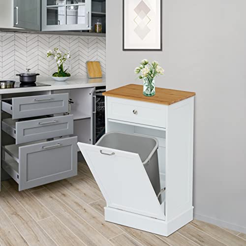 Kinfant Kitchen Recycling Trash Cabinet - Tilt-Out Trash Bin Can, Free Standing Holder with Drawer and Removable Bamboo Cutting Board, White