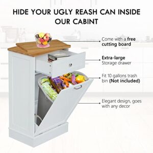 Kinfant Kitchen Recycling Trash Cabinet - Tilt-Out Trash Bin Can, Free Standing Holder with Drawer and Removable Bamboo Cutting Board, White