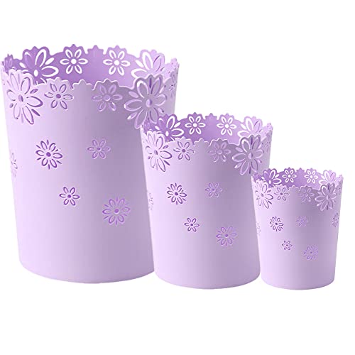 SNOBUOWIN 3PCS Garbage Can Wastebasket, Hollow Flower Shape Plastic Lidless Wastepaper Baskets Trash Can (Purple)