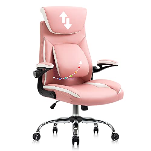 YAMASORO Ergonomic Home Executive Office Chair with Flip-up Armrests and Lumbar Support, High Back Desk Chair Computer Gaming 360 Swivel Adjustable PU Leather for Adults and Teens, Pink